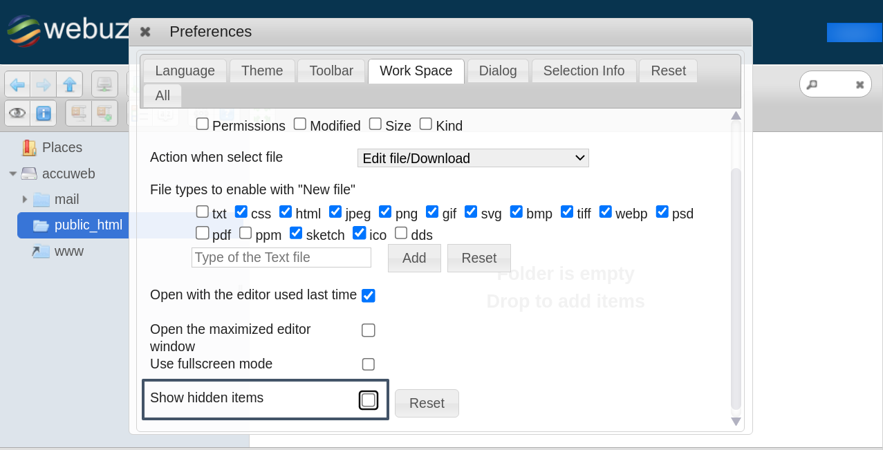How To Display Hidden Htaccess File In Webuzo File Manager Webuzo Accuweb Help Center