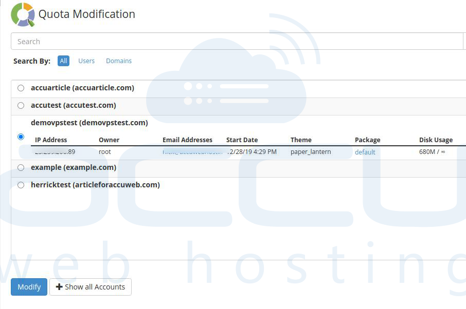 How To Increase Disk Space For A Cpanel Account In Whm Cpanel And Whm Tutorials Accuweb Help 0853