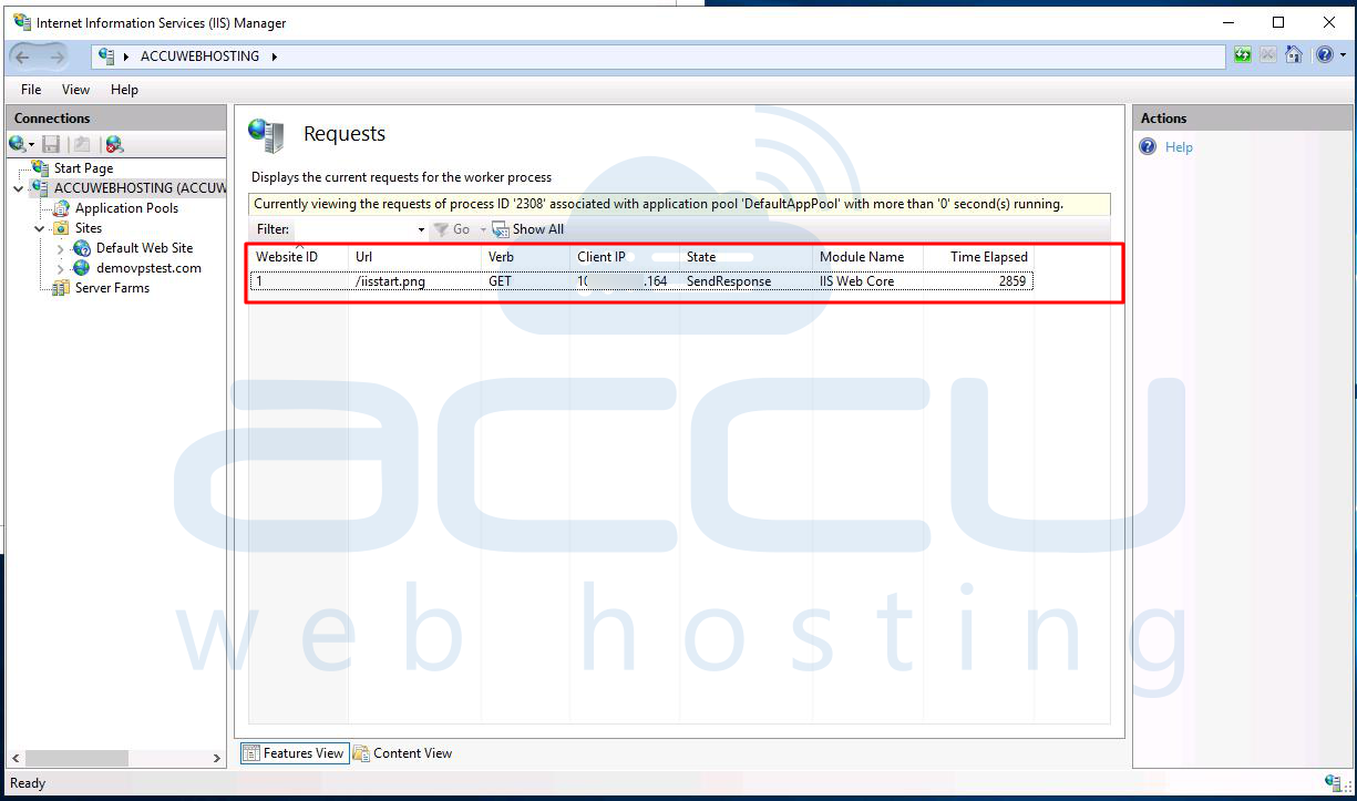 How can you view the current requests of the specific Worker Process? - AccuWebHosting