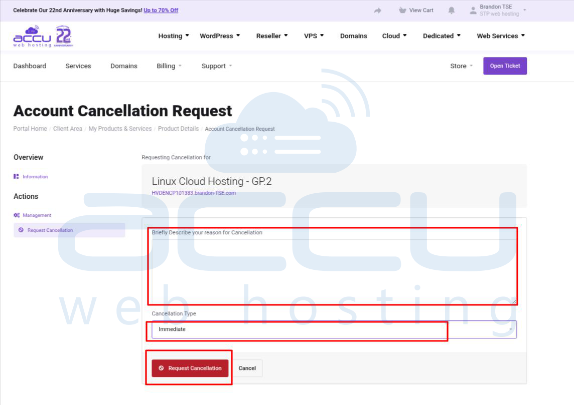How to initiate a service cancellation request? - AccuWebHosting