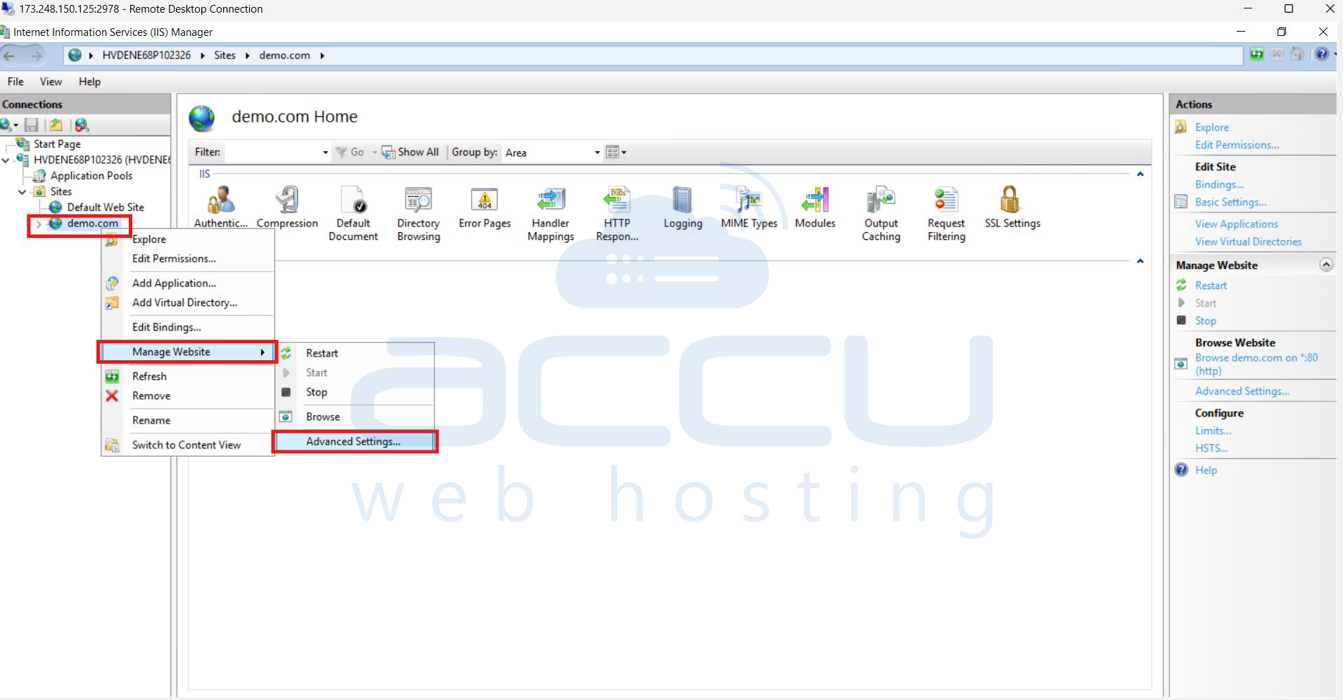 How to change application pool of a website from IIS? - AccuWebHosting